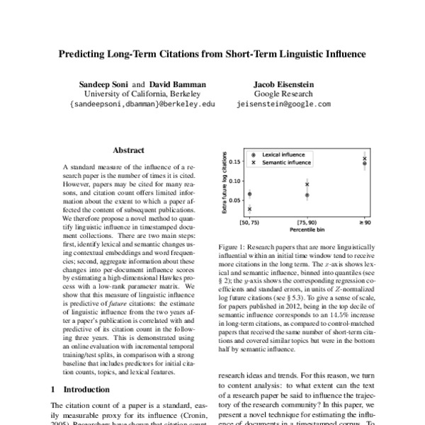 Predicting Long-Term Citations from Short-Term Linguistic Influence - ACL Anthology