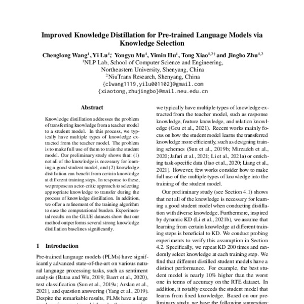 Improved Knowledge Distillation For Pre Trained Language Models Via Knowledge Selection Acl
