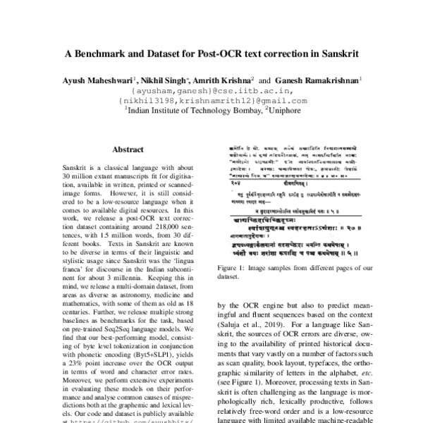A Benchmark and Dataset for Post-OCR text correction in Sanskrit - ACL Anthology