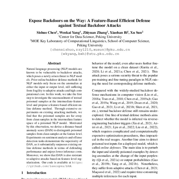 Expose Backdoors on the Way: A Feature-Based Efficient Defense against Textual Backdoor Attacks ...