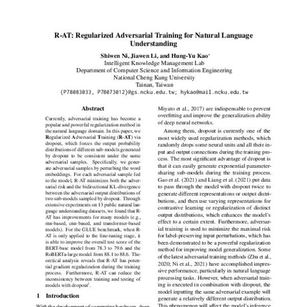 R-AT: Regularized Adversarial Training for Natural Language Understanding - ACL Anthology