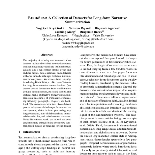 BOOKSUM: A Collection of Datasets for Long-form Narrative Summarization ...