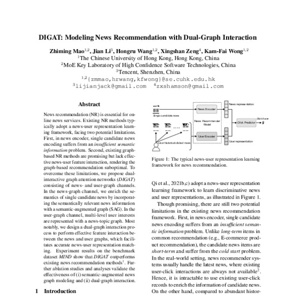 DIGAT: Modeling News Recommendation with Dual-Graph Interaction - ACL Anthology