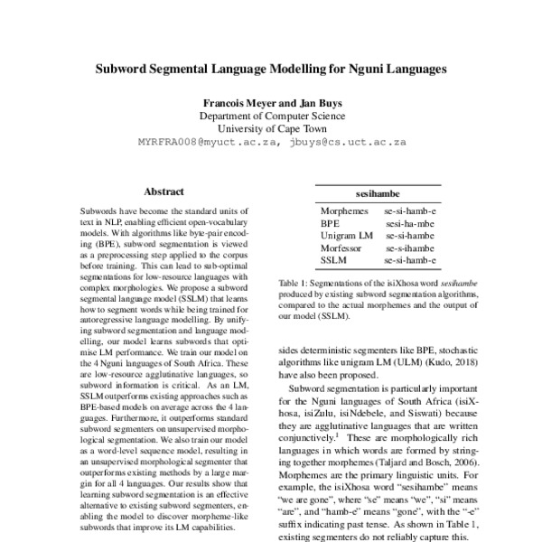 Subword Segmental Language Modelling For Nguni Languages Acl Anthology