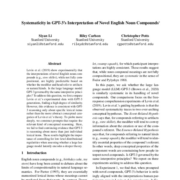 Systematicity in GPT-3’s Interpretation of Novel English Noun Compounds - ACL Anthology