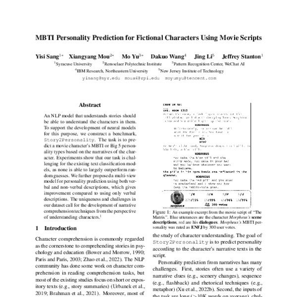 Mbti Personality Prediction For Fictional Characters Using Movie Scripts Acl Anthology