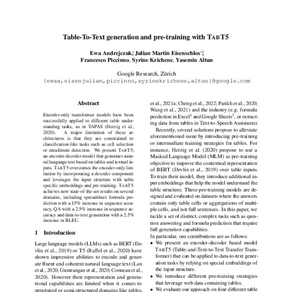 Table-To-Text generation and pre-training with TabT5 - ACL Anthology