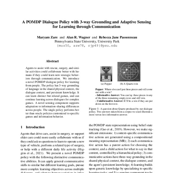 A POMDP Dialogue Policy with 3-way Grounding and Adaptive Sensing for Learning through ...