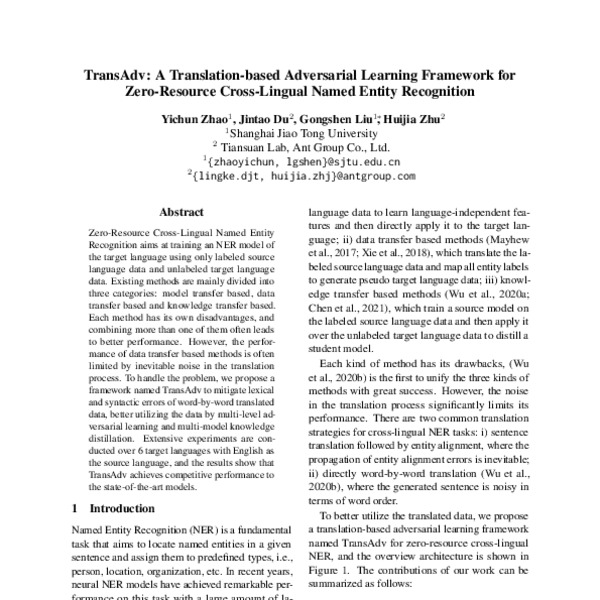 TransAdv: A Translation-based Adversarial Learning Framework for Zero-Resource Cross-Lingual ...