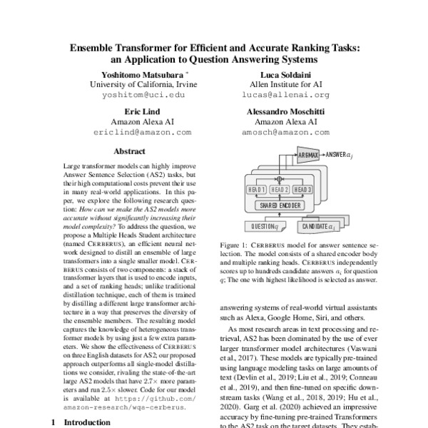 Ensemble Transformer For Efficient And Accurate Ranking Tasks An Application To Question
