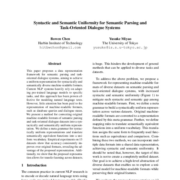 Syntactic and Semantic Uniformity for Semantic Parsing and Task-Oriented Dialogue Systems - ACL ...