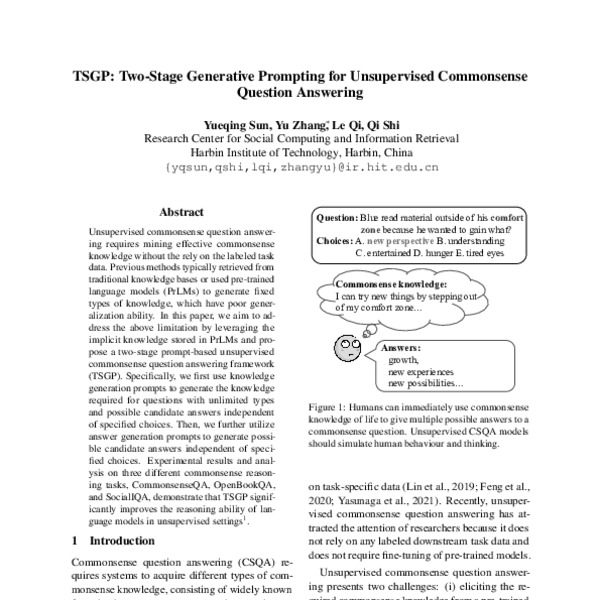 TSGP: Two-Stage Generative Prompting for Unsupervised Commonsense Question Answering - ACL Anthology