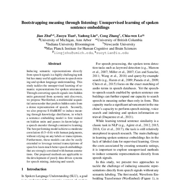 Bootstrapping meaning through listening: Unsupervised learning of spoken sentence embeddings ...