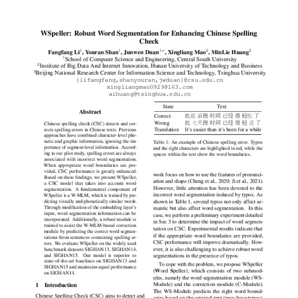 WSpeller: Robust Word Segmentation for Enhancing Chinese Spelling Check - ACL Anthology