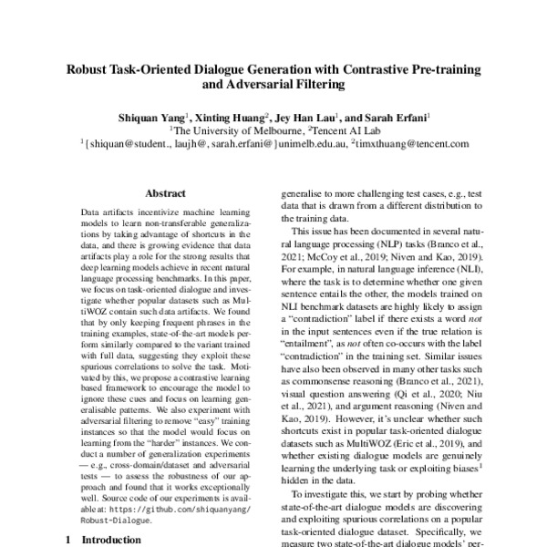 Robust Task-Oriented Dialogue Generation with Contrastive Pre-training and Adversarial Filtering ...
