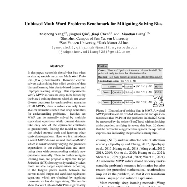 Unbiased Math Word Problems Benchmark for Mitigating Solving Bias - ACL ...