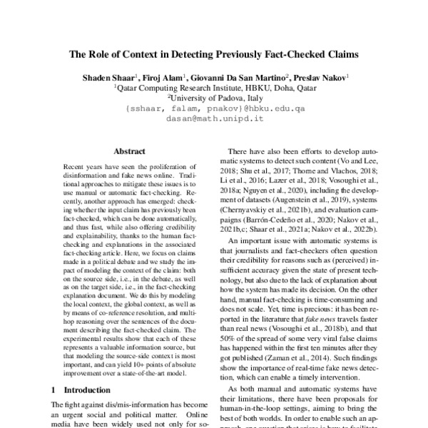 The Role of Context in Detecting Previously Fact-Checked Claims - ACL ...