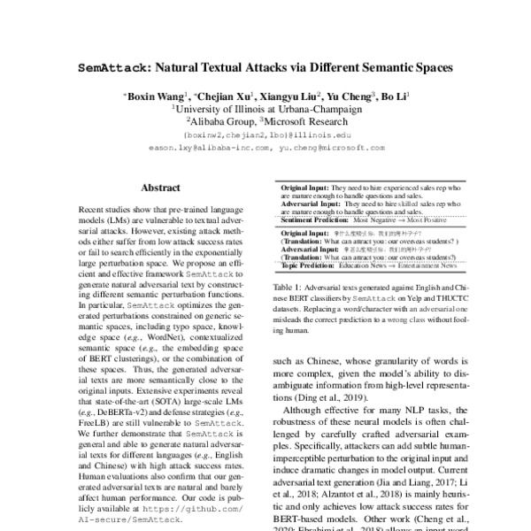 SemAttack: Natural Textual Attacks via Different Semantic Spaces - ACL Anthology
