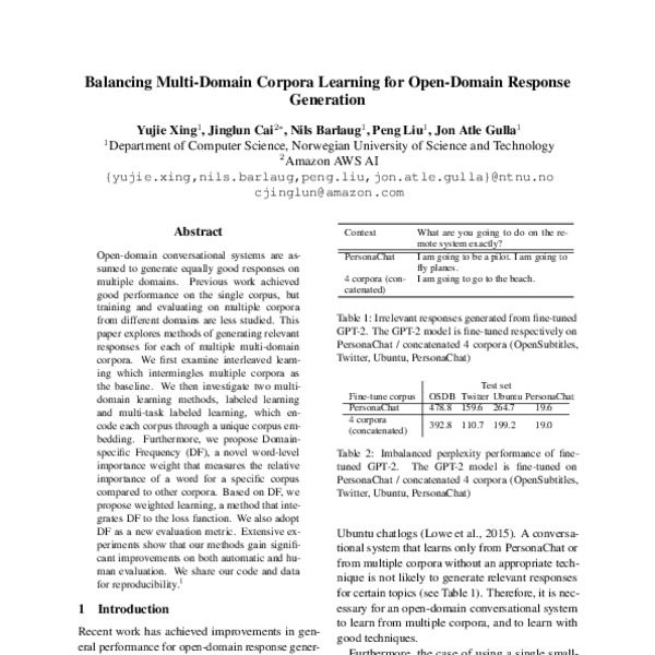 Balancing Multi-Domain Corpora Learning for Open-Domain Response Generation - ACL Anthology