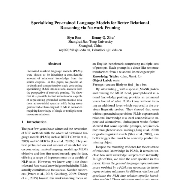 Specializing Pre-trained Language Models for Better Relational Reasoning via Network Pruning ...