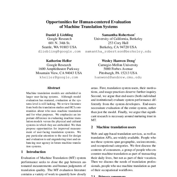 Opportunities for Human-centered Evaluation of Machine Translation ...