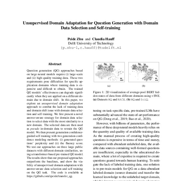 Unsupervised Domain Adaptation for Question Generation with DomainData Selection and Self ...