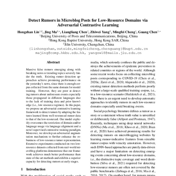 Detect Rumors in Microblog Posts for Low-Resource Domains via Adversarial Contrastive Learning ...