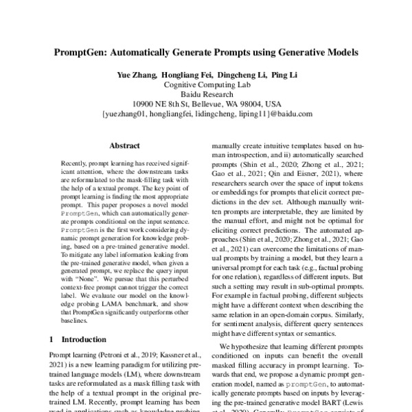 PromptGen: Automatically Generate Prompts using Generative Models - ACL Anthology