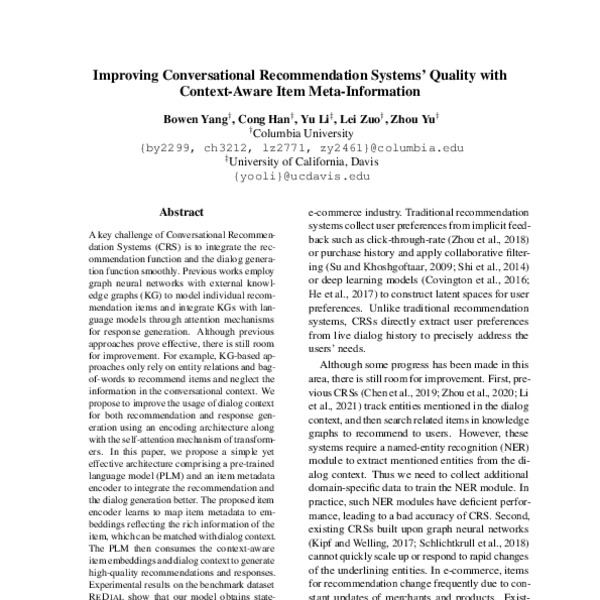 Improving Conversational Recommendation Systems’ Quality with Context-Aware Item Meta ...