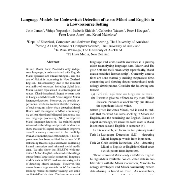 Language Models for Code-switch Detection of te reo Māori and English in a Low-resource Setting ...