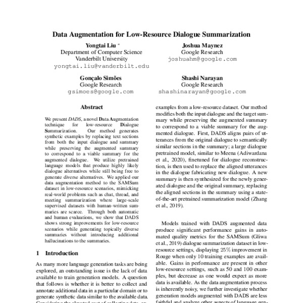 Data Augmentation for Low-Resource Dialogue Summarization - ACL Anthology
