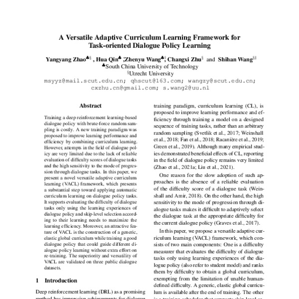 A Versatile Adaptive Curriculum Learning Framework for Task-oriented Dialogue Policy Learning ...
