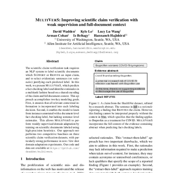 MultiVerS: Improving scientific claim verification with weak supervision and full-document ...