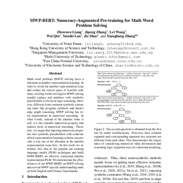 MWP-BERT: Numeracy-Augmented Pre-training for Math Word Problem Solving - ACL Anthology