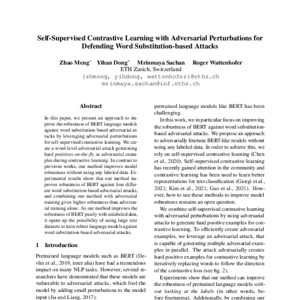 Self-Supervised Contrastive Learning with Adversarial Perturbations for Defending Word ...