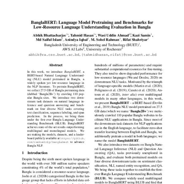 BanglaBERT: Language Model Pretraining and Benchmarks for Low-Resource Language Understanding ...
