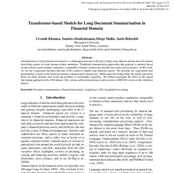 Transformer-based Models for Long Document Summarisation in Financial Domain - ACL Anthology