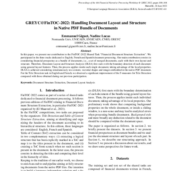 GREYC@FinTOC-2022: Handling Document Layout and Structure in Native PDF Bundle of Documents ...
