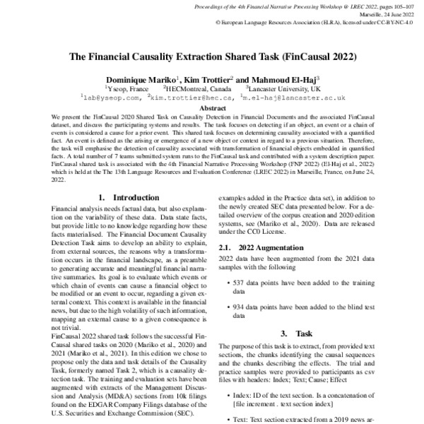 The Financial Causality Extraction Shared Task Fincausal 2022 Acl