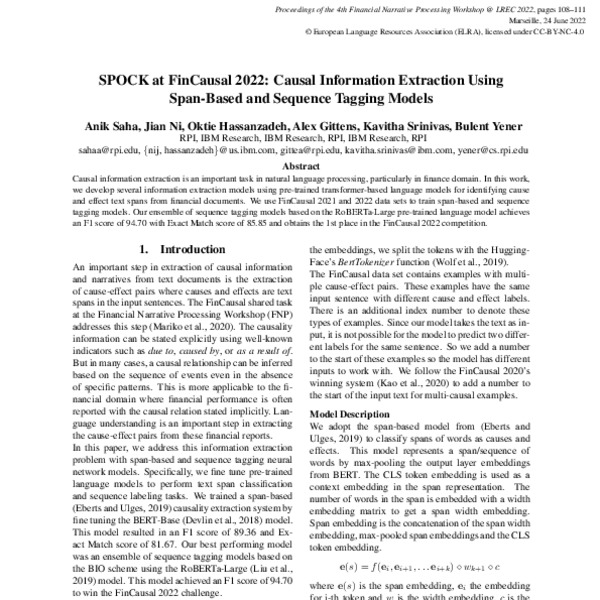 SPOCK at FinCausal 2022: Causal Information Extraction Using Span-Based and Sequence Tagging ...