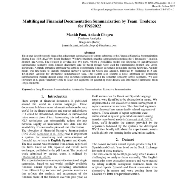 Multilingual Financial Documentation Summarization by Team_Tredence for FNS2022 - ACL Anthology