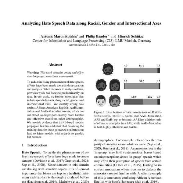 Analyzing Hate Speech Data along Racial, Gender and Intersectional Axes ...