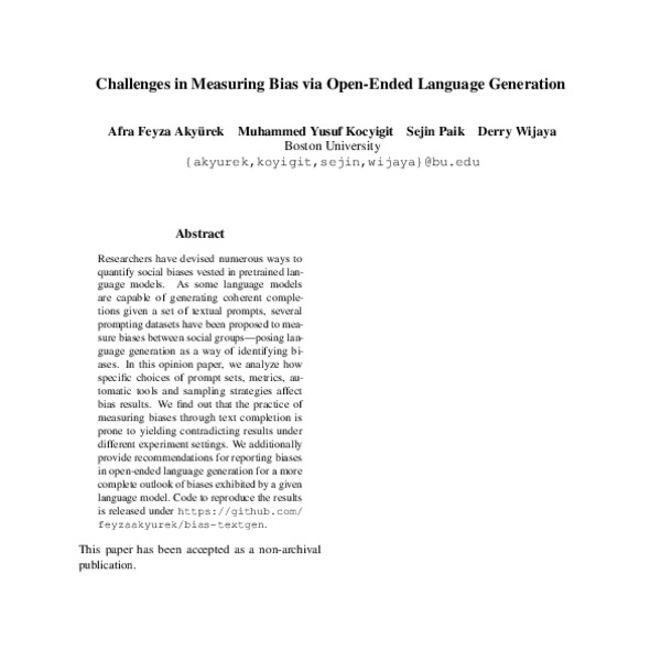 Challenges in Measuring Bias via Open-Ended Language Generation - ACL Anthology