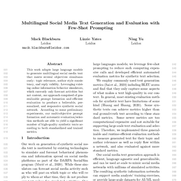 Multilingual Social Media Text Generation And Evaluation With Few Shot Prompting Acl Anthology