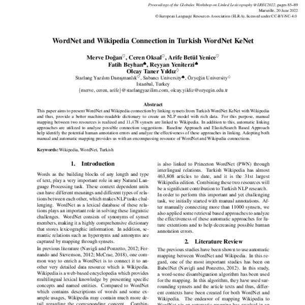 WordNet and Wikipedia Connection in Turkish WordNet KeNet - ACL Anthology
