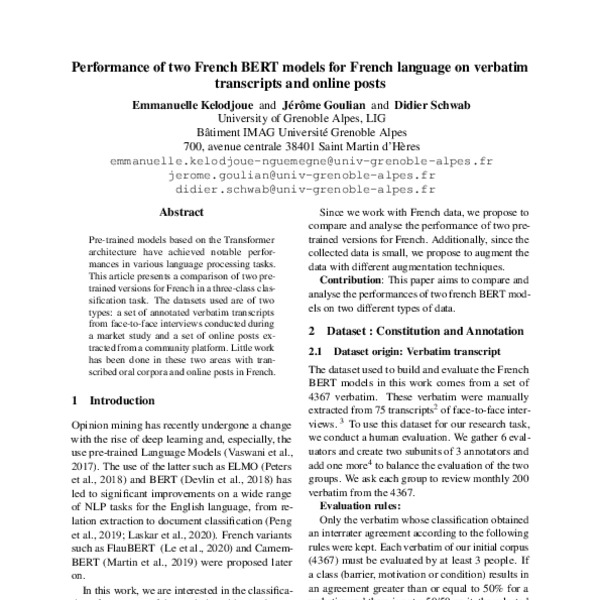 Performance of two French BERT models for French language on verbatim ...