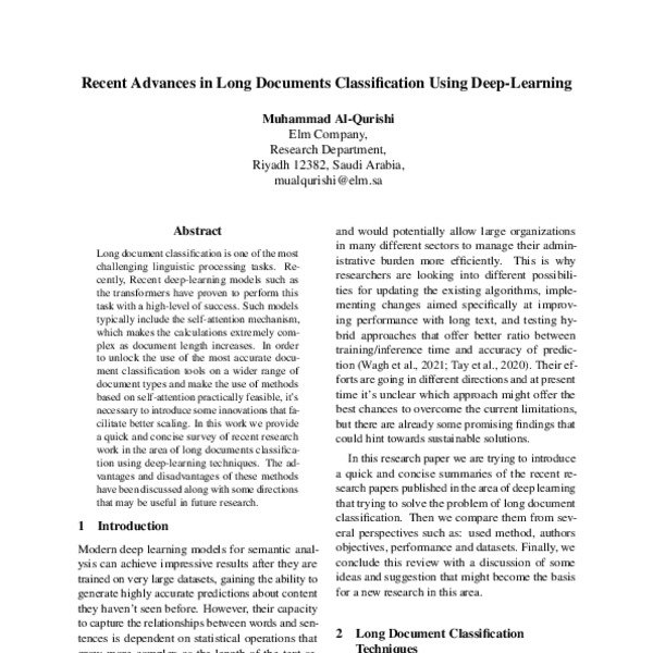 Recent Advances in Long Documents Classification Using Deep-Learning - ACL Anthology