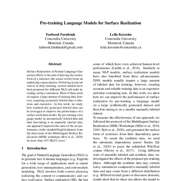 Pre Training Language Models For Surface Realization Acl Anthology