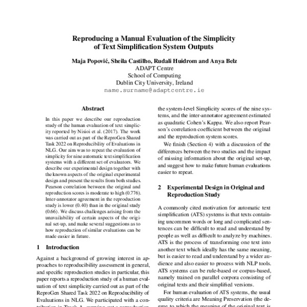 Reproducing a Manual Evaluation of the Simplicity of Text Simplification System Outputs - ACL ...