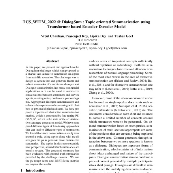 TCS_WITM_2022 @ DialogSum : Topic oriented Summarization using Transformer based Encoder Decoder ...